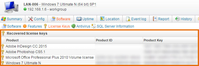 Software installations and software license keys - Lansweeper