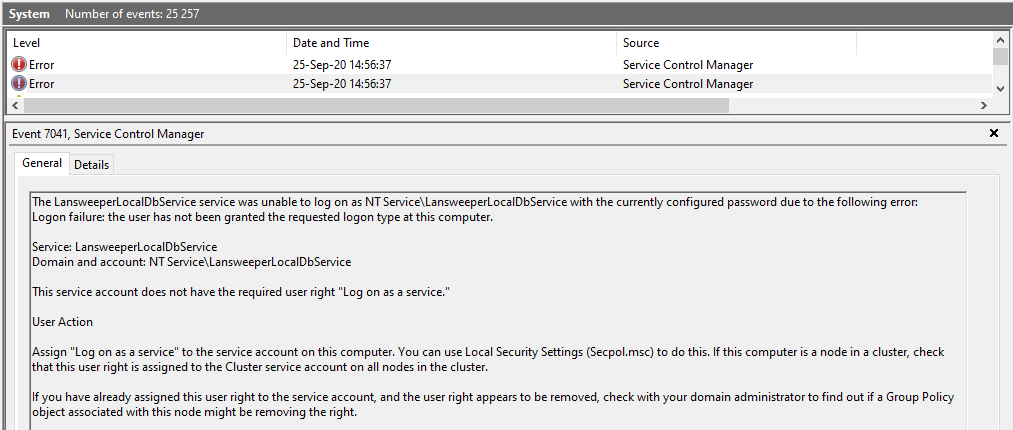 Lansweeper LocalDB Service install failed. ErrorId: -1
