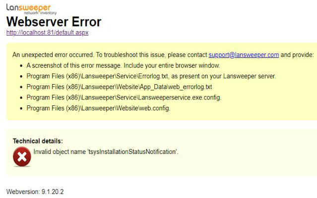 Webserver Error Invalid Object Name Tsysinstalla Lansweeper Community 61595